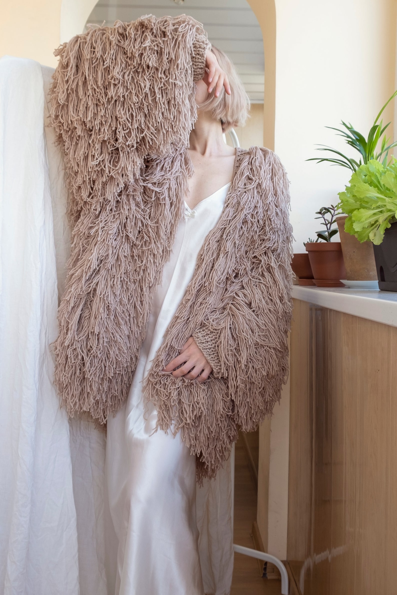 Mid Length Shaggy Jacket With Long Sleeves. Fringe Coat. Handknit Boho ...