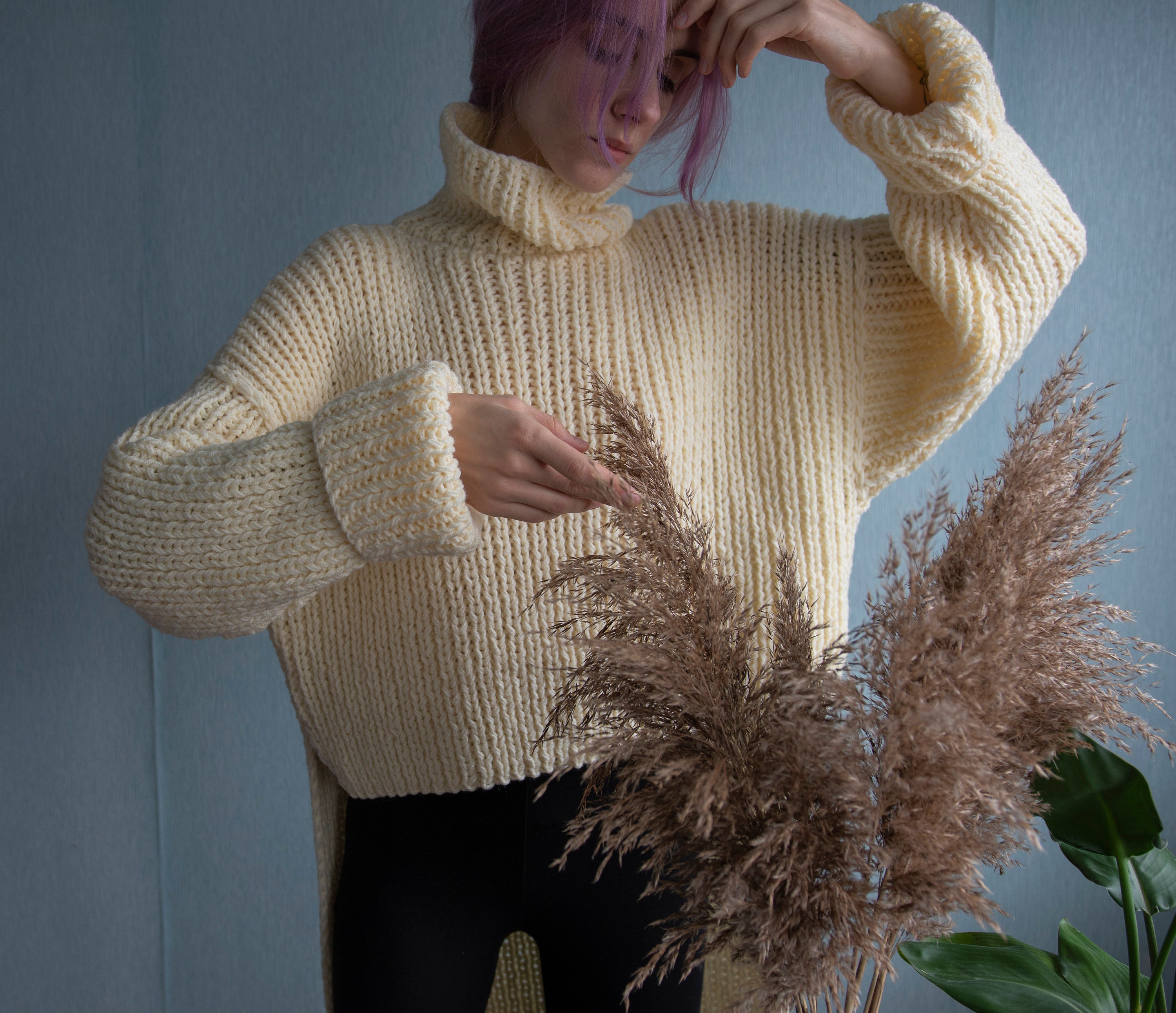 Hand Knit Sweater With Extra Long Sleeves. Asymmetrical Chunky Sweater ...