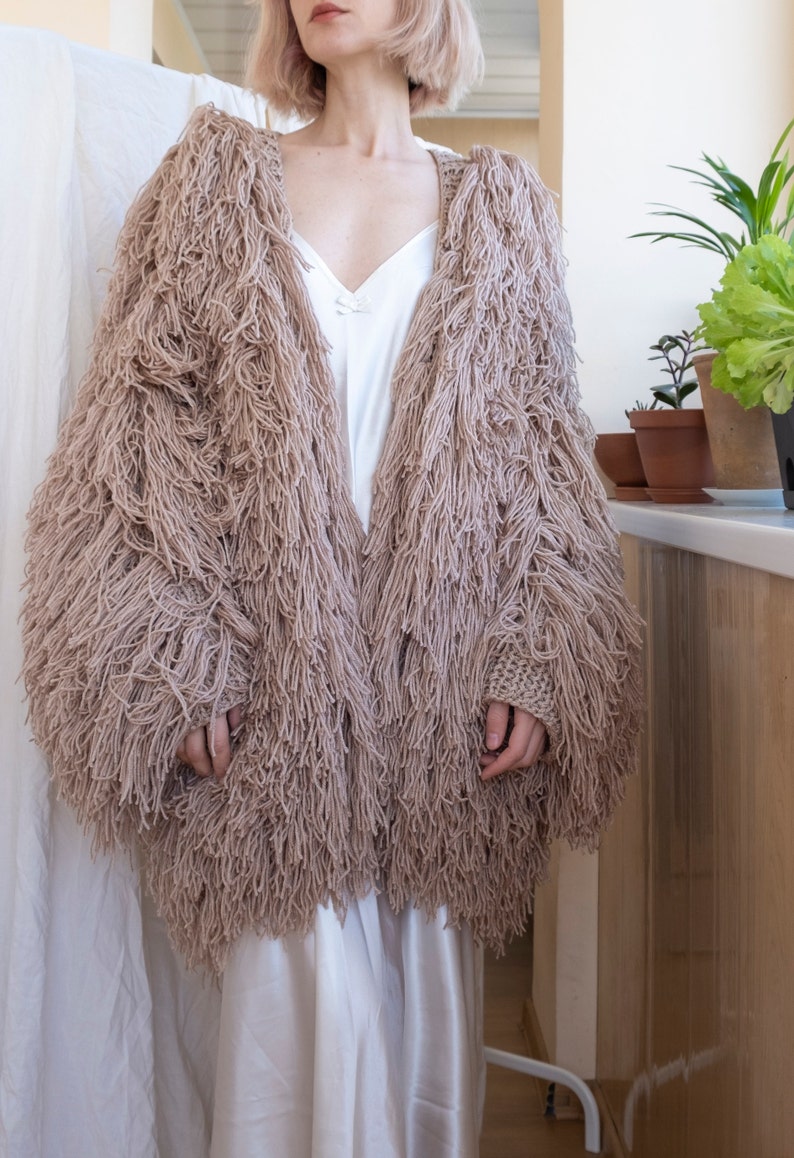 Hand Knit Shaggy Fringe Cardigan. Huge Coat Vegan Friendly - Etsy