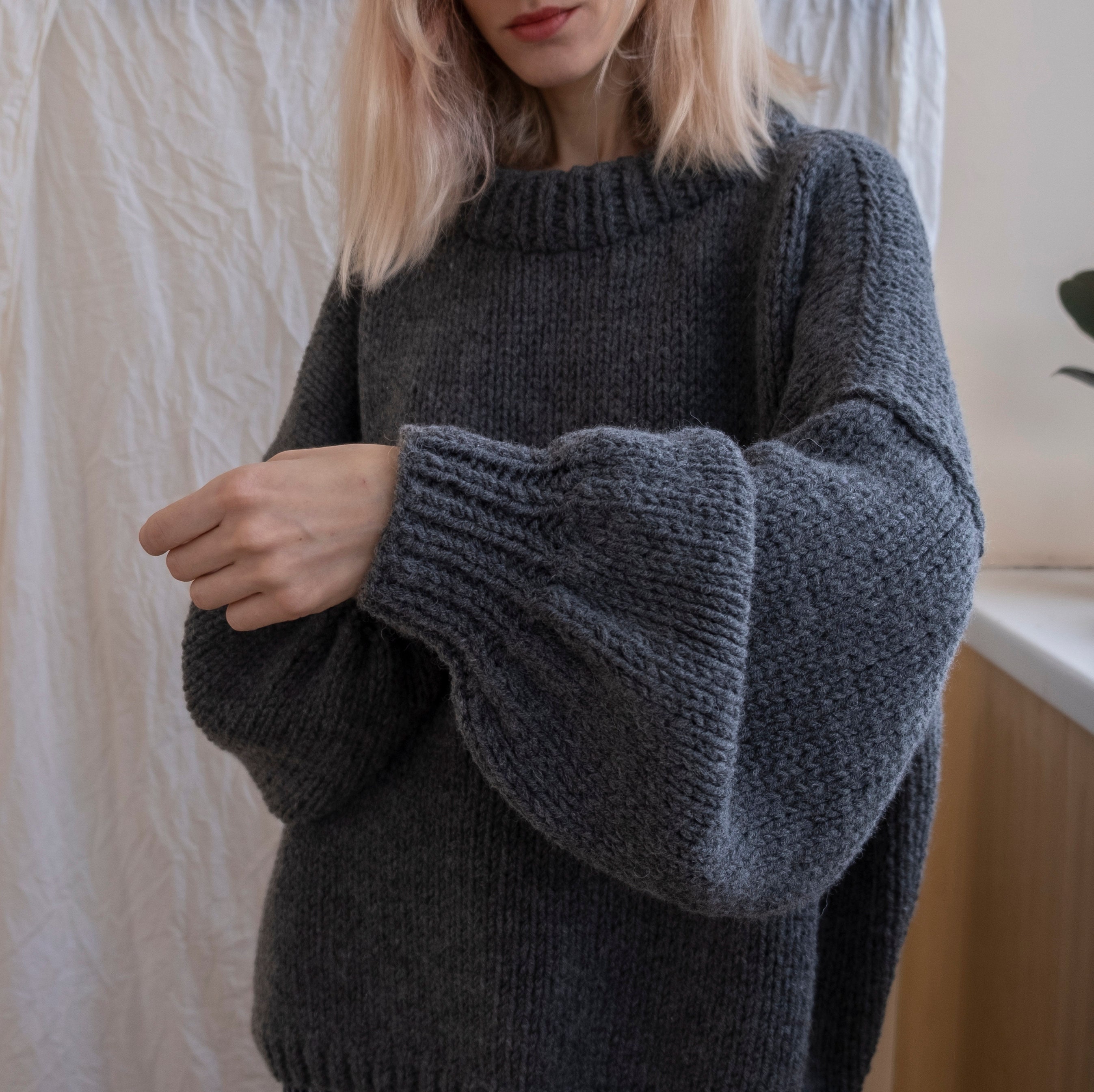 Baggy Roll Neck Sweater With Balloon Sleeves. Basic Chunky | Etsy