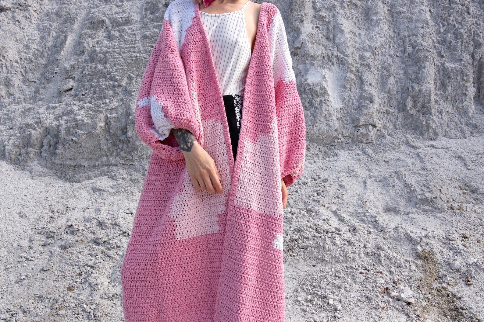 Huge Handmade Crochet Cardigan in Pink/white. Maxi Cardigan - Etsy