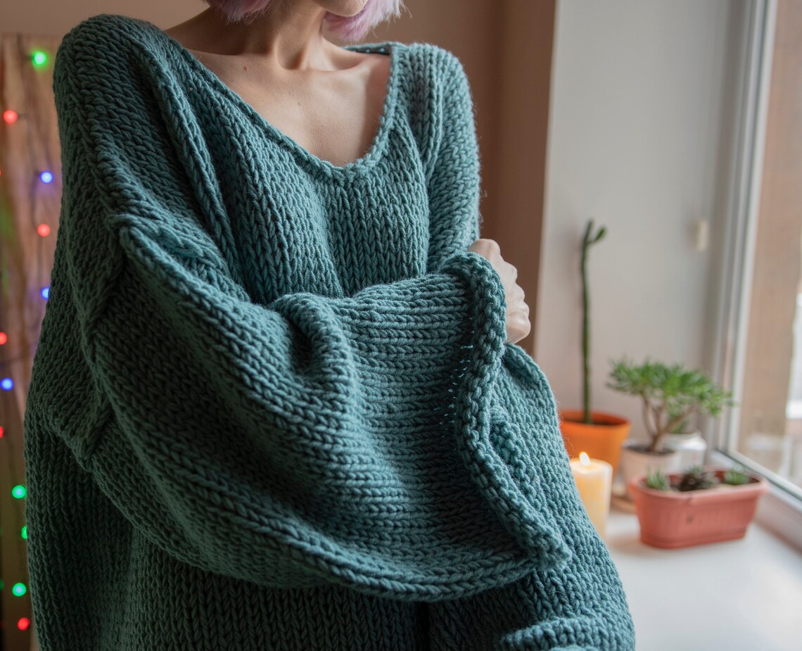 Hand Knit Chunky Oversized Sweater, Long Sleeve Wool Blend - Etsy