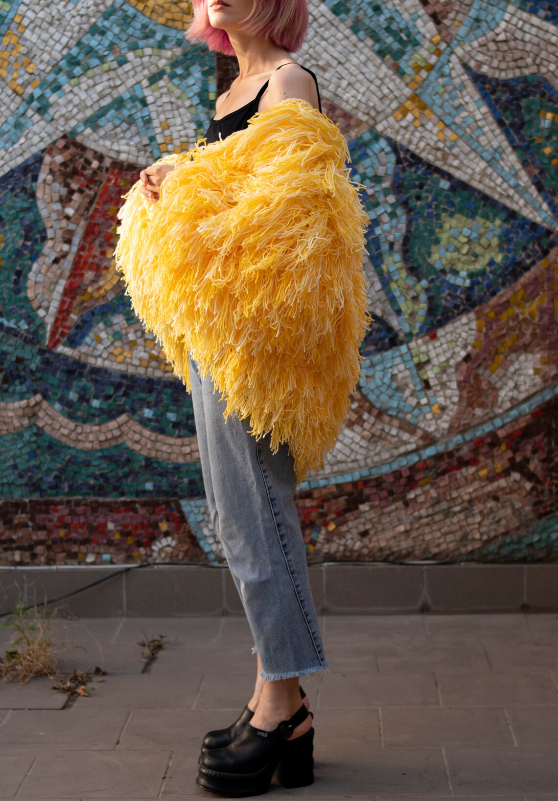Handknit Yellow Shaggy Jacket - Vegan Furry Cardigan - Etsy UK
