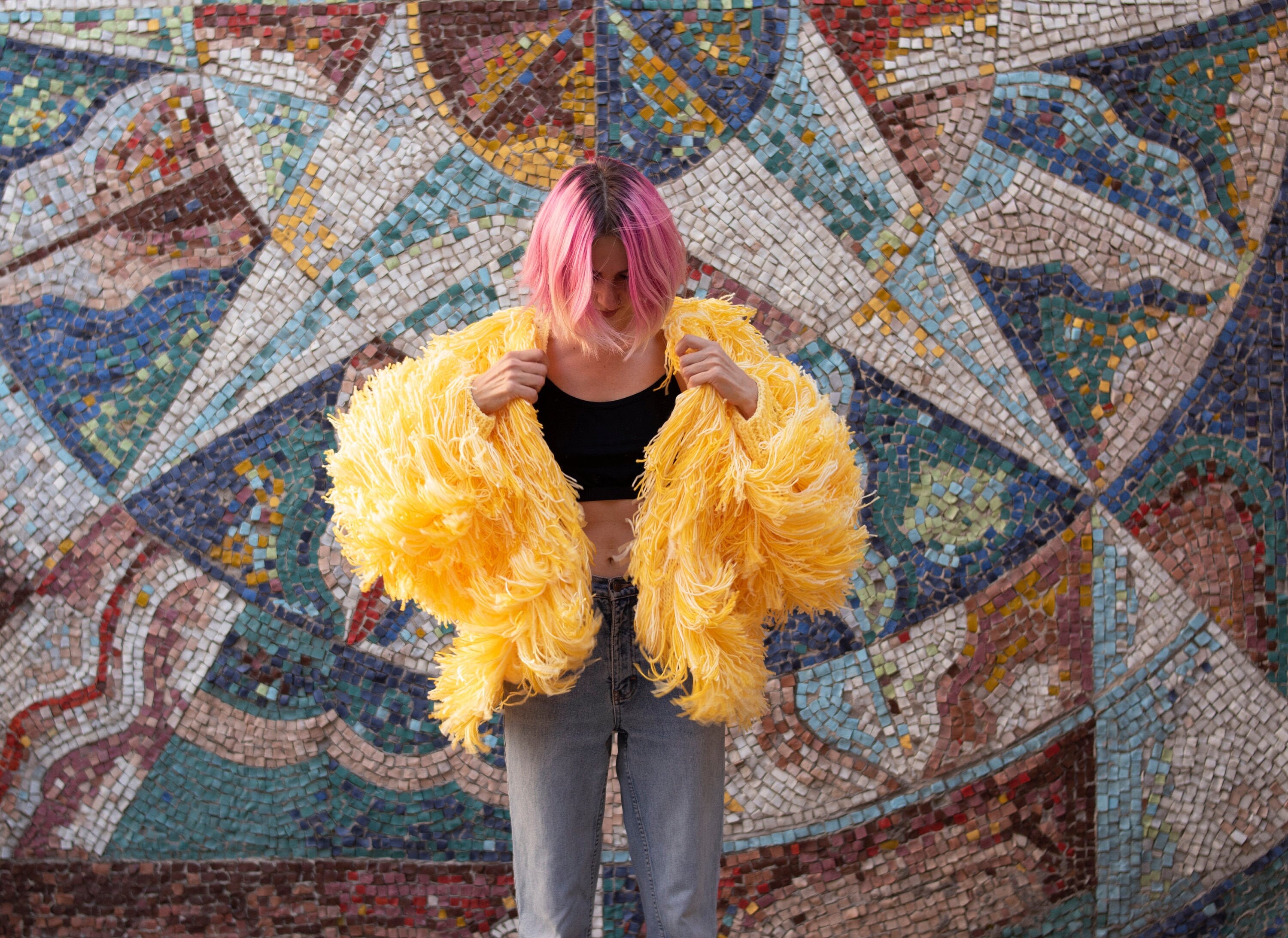 Handknit Yellow Shaggy Jacket - Vegan Furry Cardigan - Etsy UK