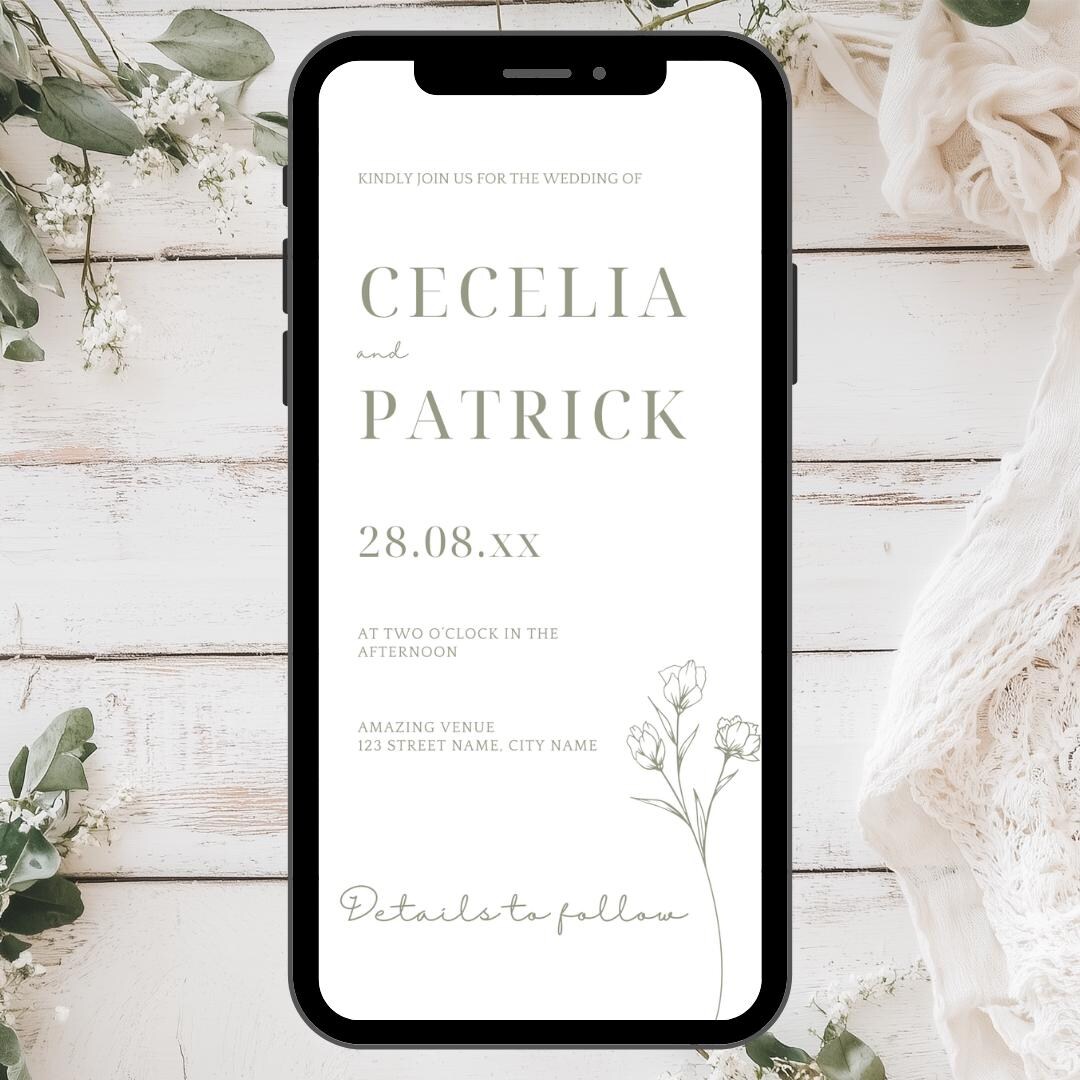 Digital Sage Green Wedding Invitation and RSVP, Minimalist Wedding ...