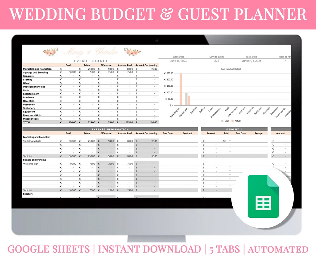 Wedding Budget Planner Google Sheets, Wedding Budget Tracker Template ...