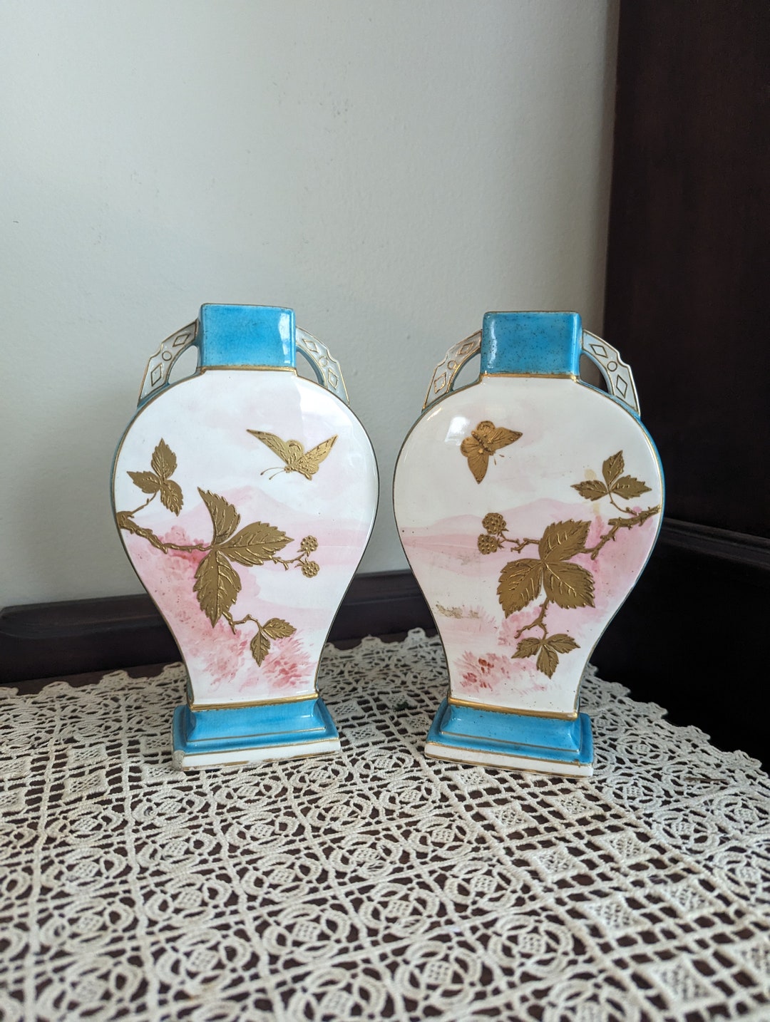 Lovely Set of Two Vintage Japanese Vases With Mountains Gilded ...