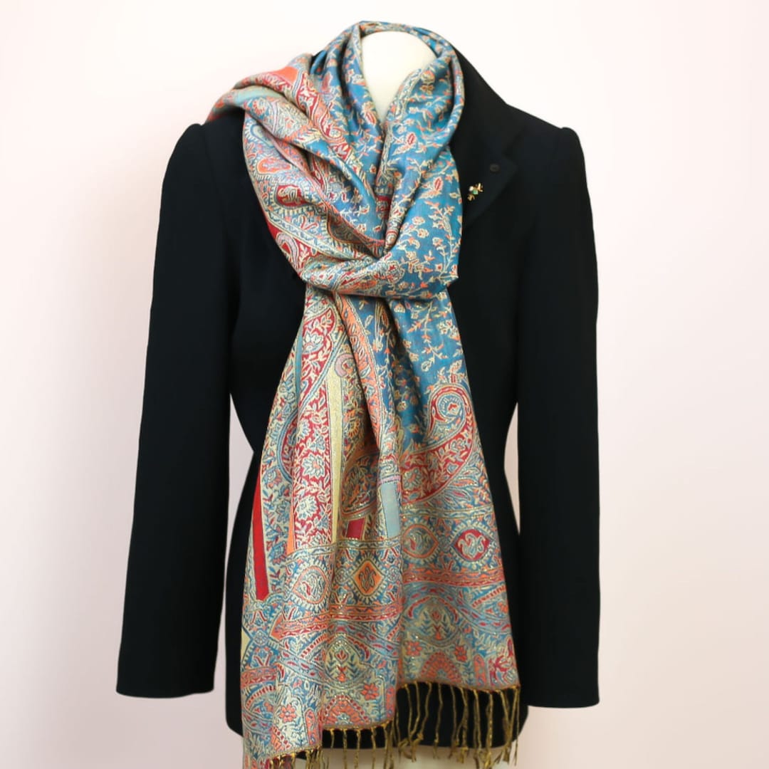 Paisley Pashmina Scarf, Sparkling, Gold, Dark Teal Blue, Red, and ...