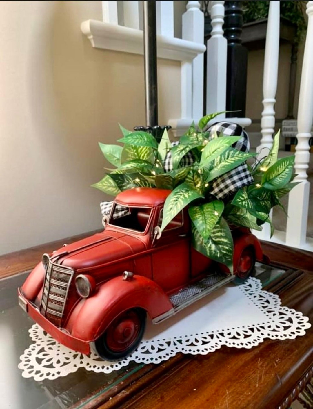 Red Truck Lighted Greenery Decor, Red Truck With LED Lights, Farmhouse ...