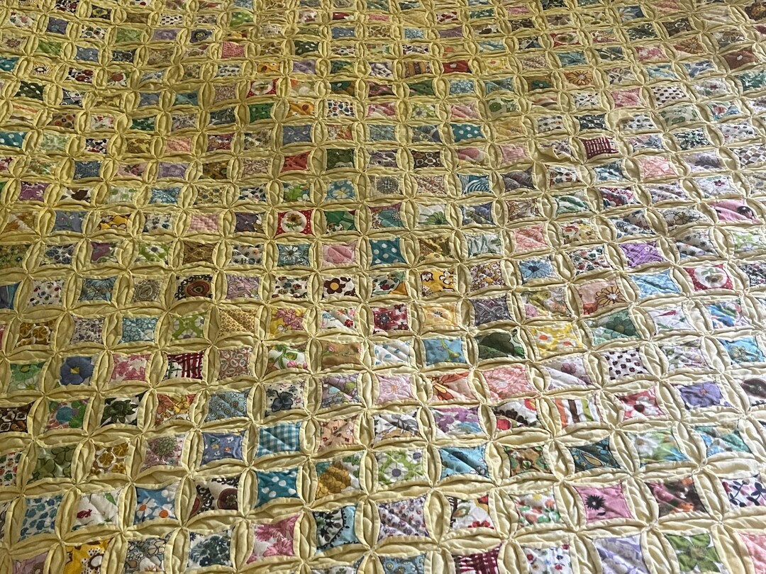 Vintage Hand Sewn Cathedral Window Calico Quilt With Bright, Butter ...
