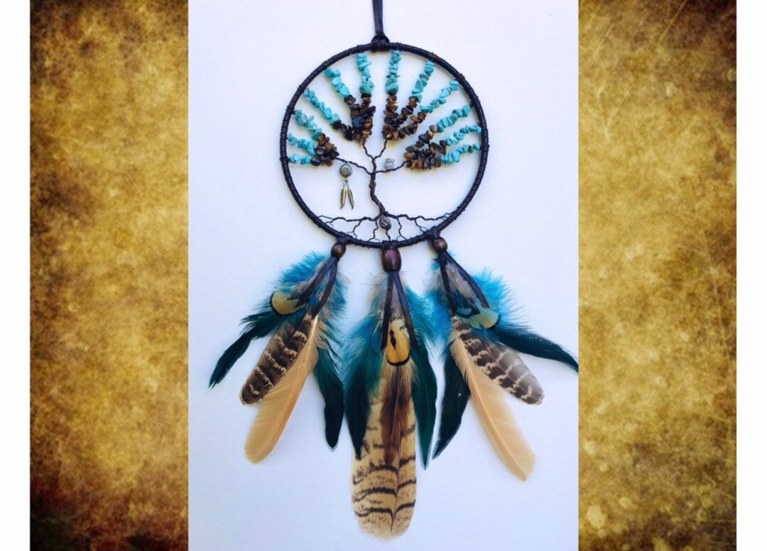 Large Handmade Genuine Tigers Eye and Turquoise Tree of Life Dream ...