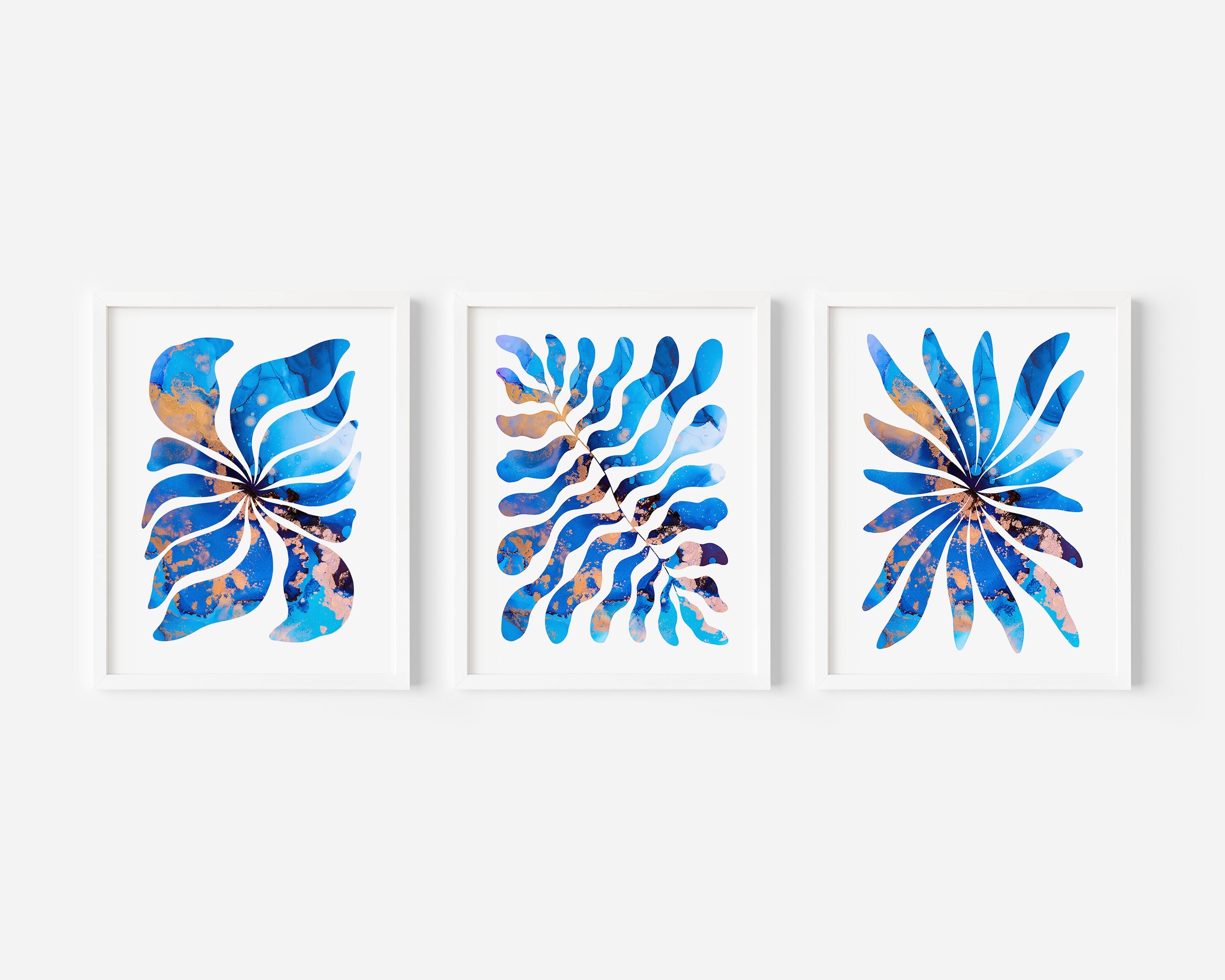 Set of 3 Mid Century Blue Wall Art Poster Print, Modern Blue Wall Art ...