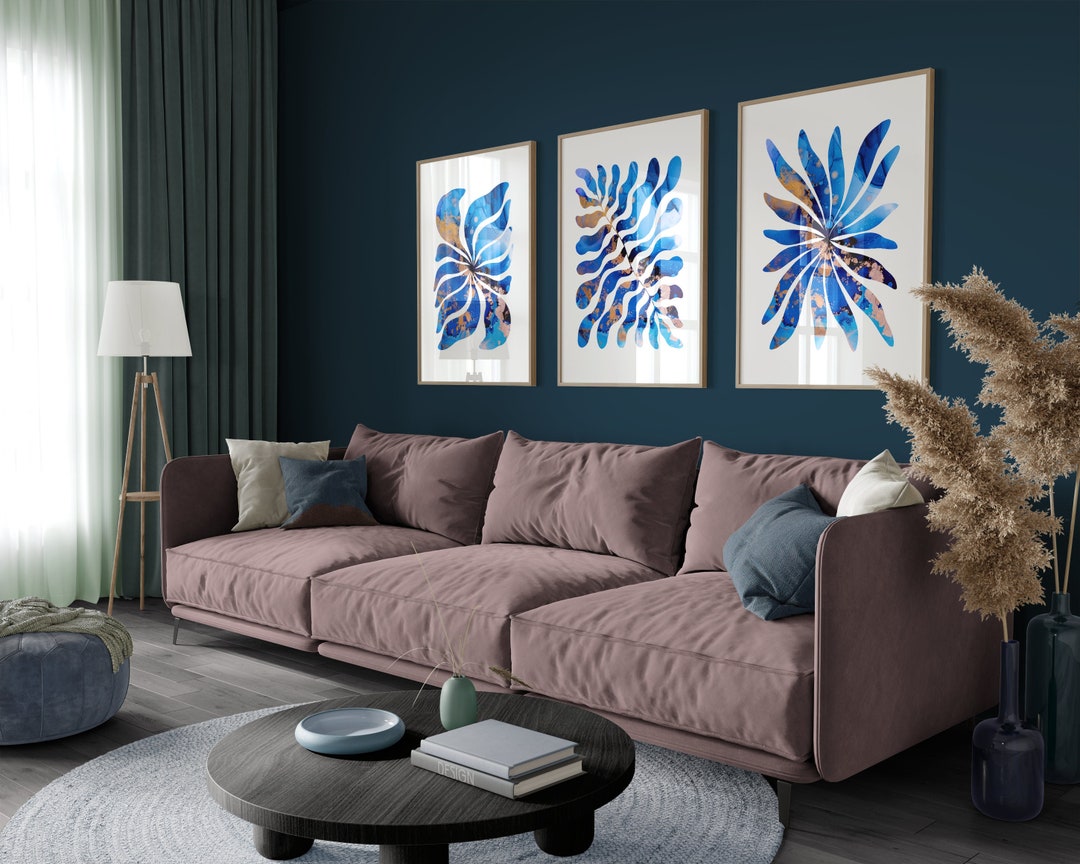 Set of 3 Mid Century Blue Wall Art Poster Print, Modern Blue Wall Art ...