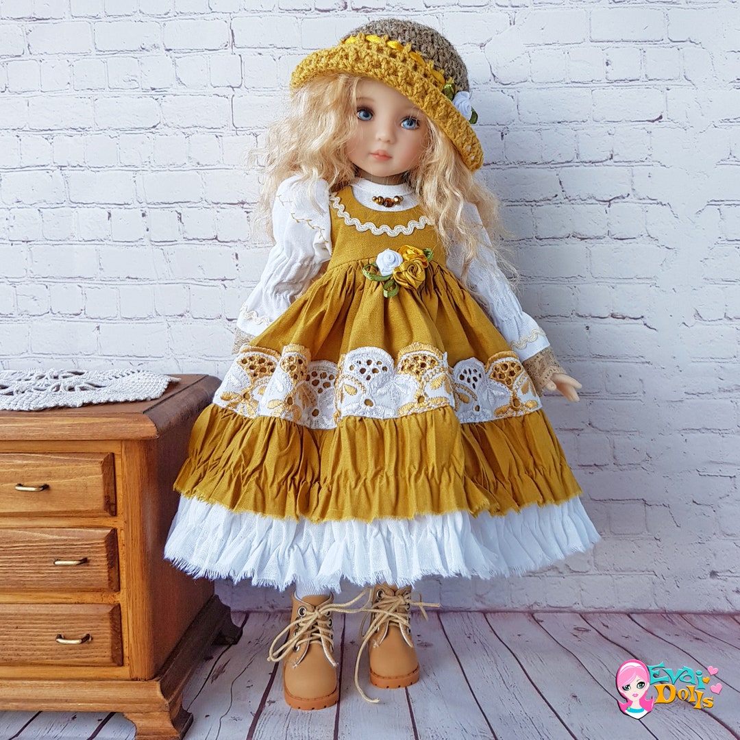 Mustard White Outfit in a Rustic Style: Dress + Hat + Shoes, for Dolls ...