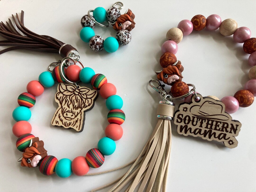 Hyland Cow Country Western Mama Women's Keychain With Custom Wooden Key ...