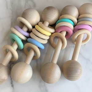 Unique Montessori Wooden Rattle With Silicone Rings, Boyish Rattle ...