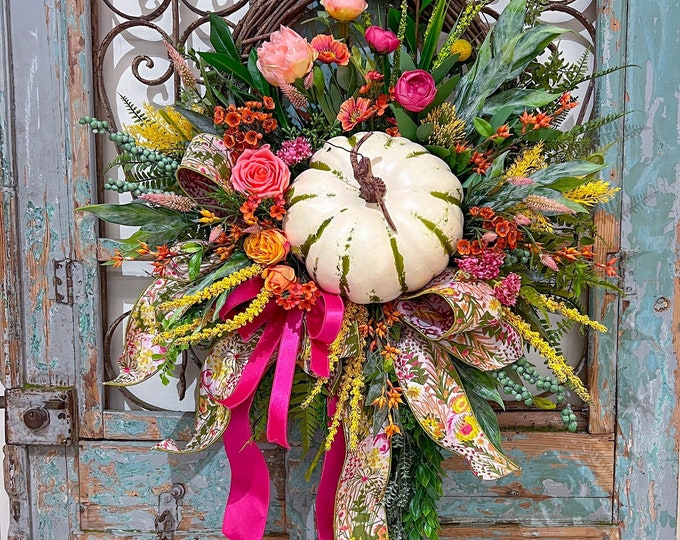 Fall Pumpkin Wreath, Pumpkin Wreath, Fall Grapevine Wreath ...