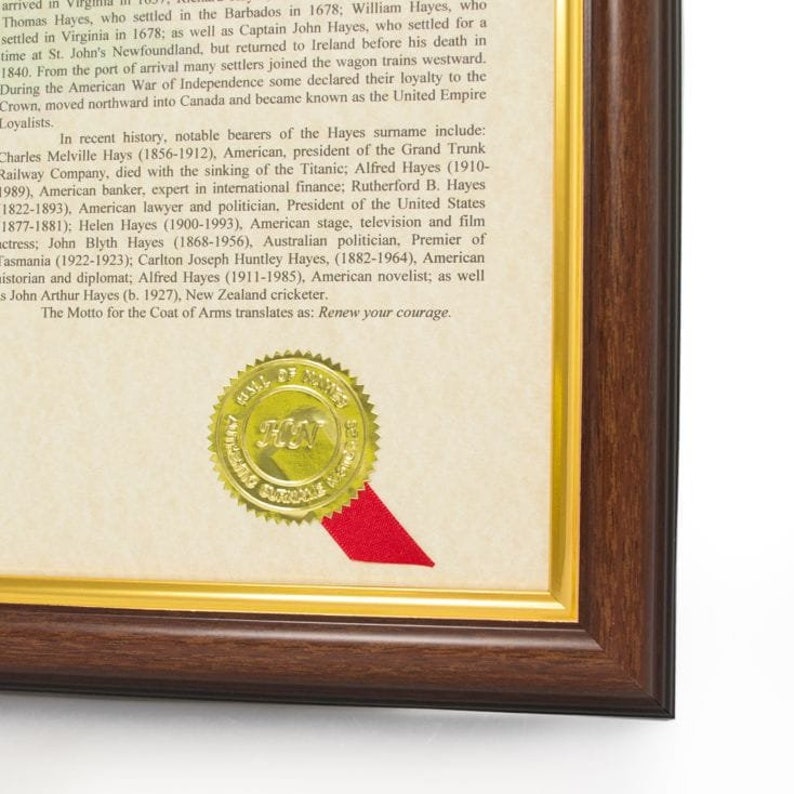 Coat of Arms & Surname History Scroll in a Dark Brown/ Gold Inlay Wood ...