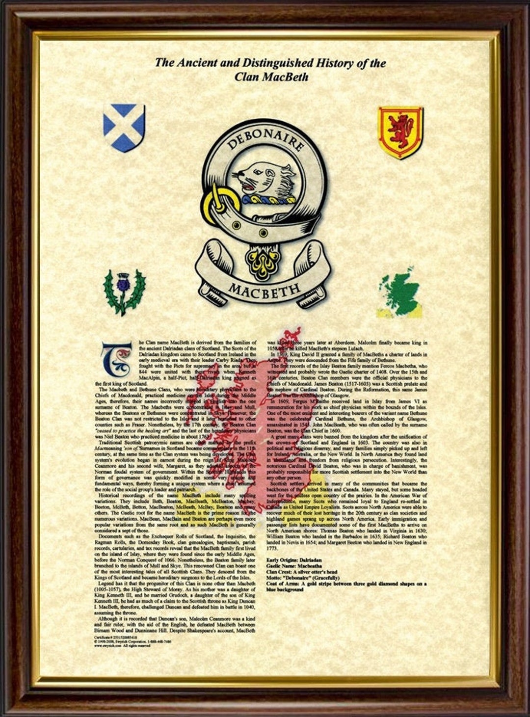 Insignia del clan escocés y pergamino histórico en un marco con efecto ...