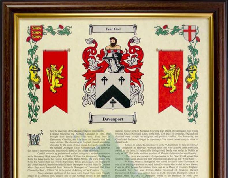 Coat of Arms & Surname History Scroll in a Dark Brown/ Gold Inlay Wood ...