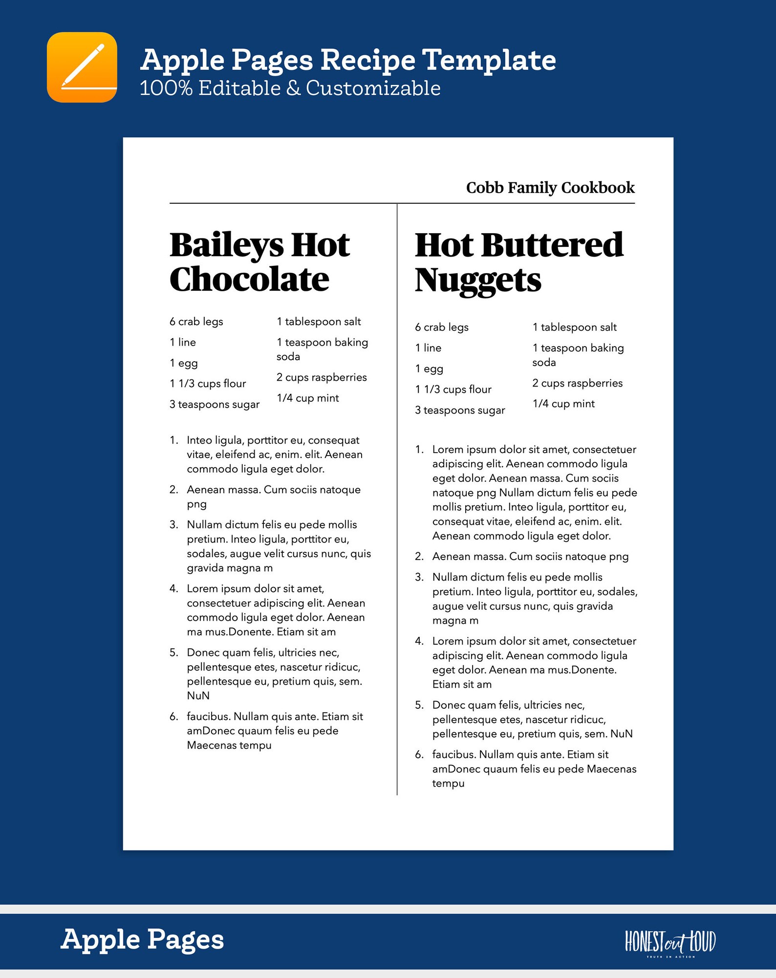 Minimalist Cookbook & Recipe Template for Apple Pages | Printable ...