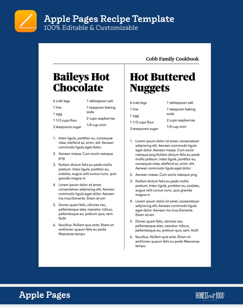 Minimalist Cookbook & Recipe Template for Apple Pages | Printable ...