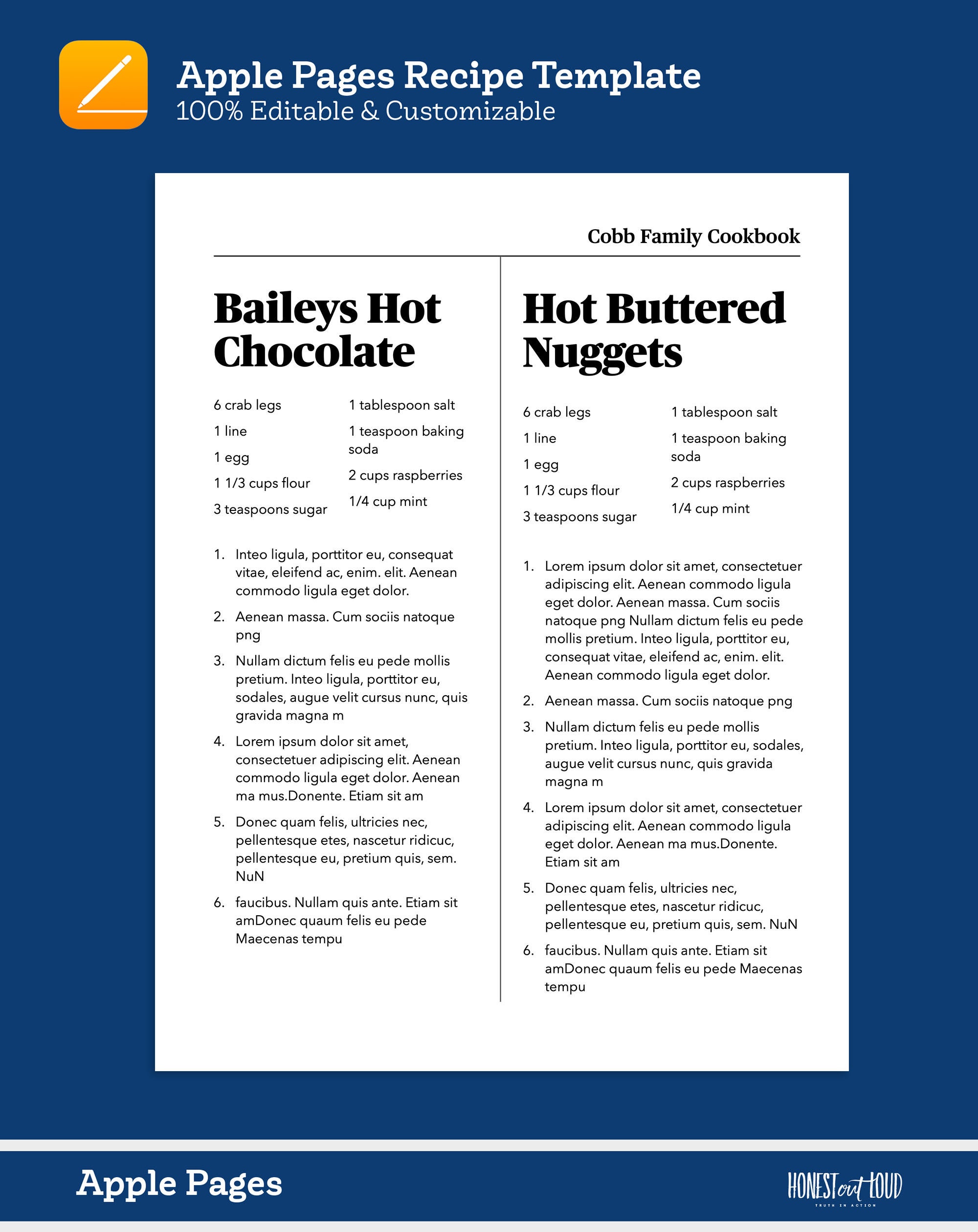 Minimalist Cookbook & Recipe Template for Apple Pages | Printable ...