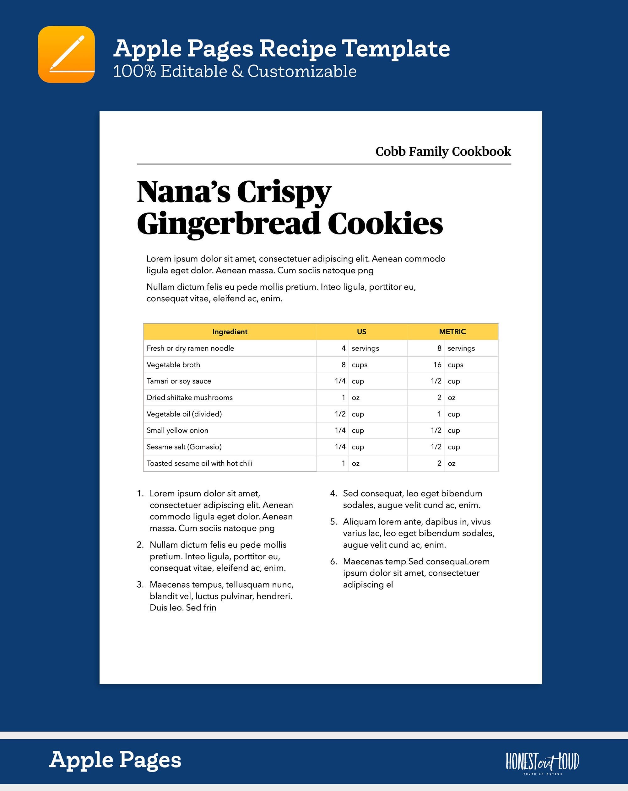 Recipe Template for Apple Pages - Letter 8.5"x11", Half Page 5.5"x8.5 ...