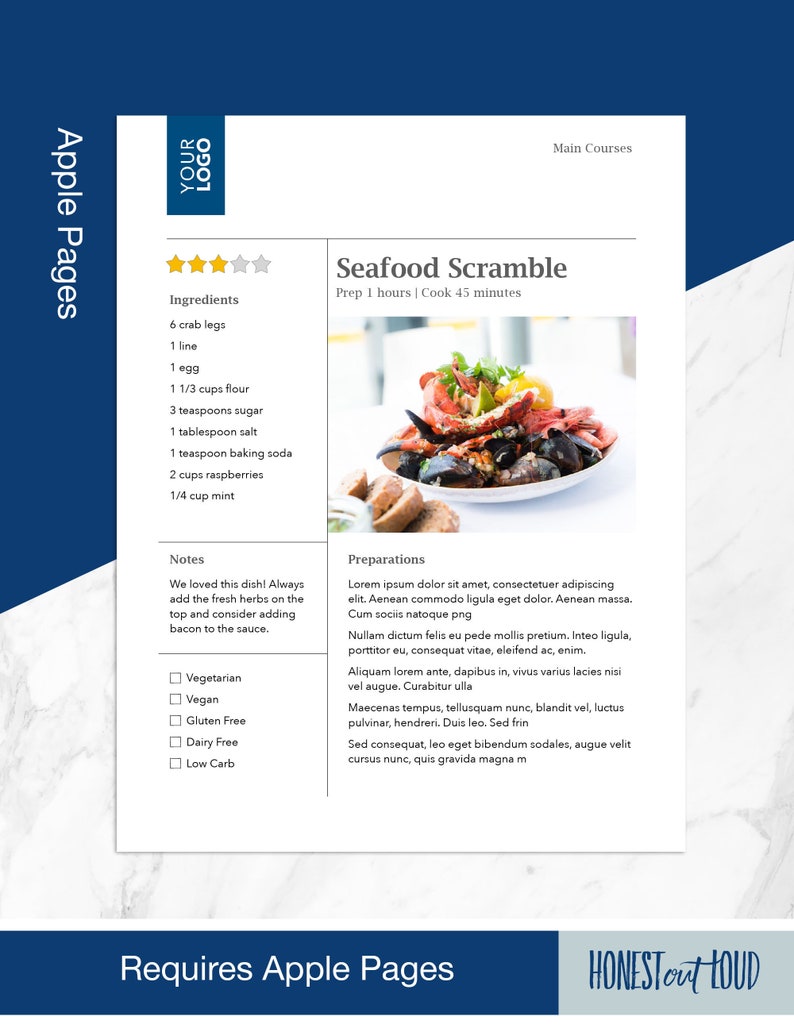 Apple Pages Recipe Template Printable US Letter 8.5x11, Half Letter 5 ...