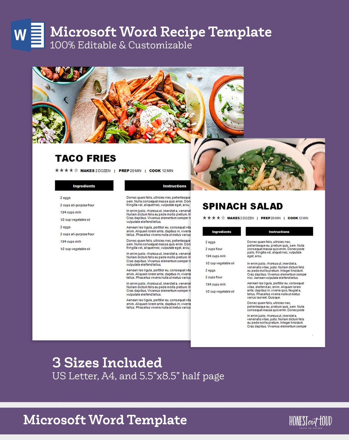 Modèle de recette imprimable Microsoft Word ou Google Docs - 8,5 x 11 ...