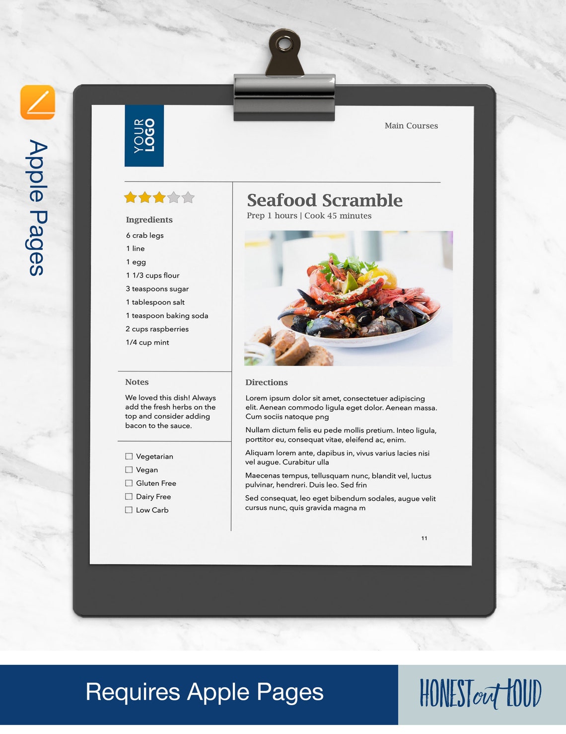 Apple Pages Recipe Template Printable - US Letter 8.5x11, Half Letter 5 ...