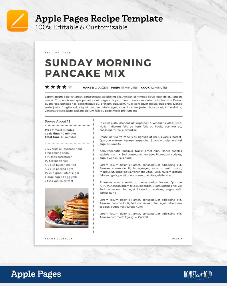 Printable Recipe Template Apple Pages Cookbook & Meal Planning A4 8 ...