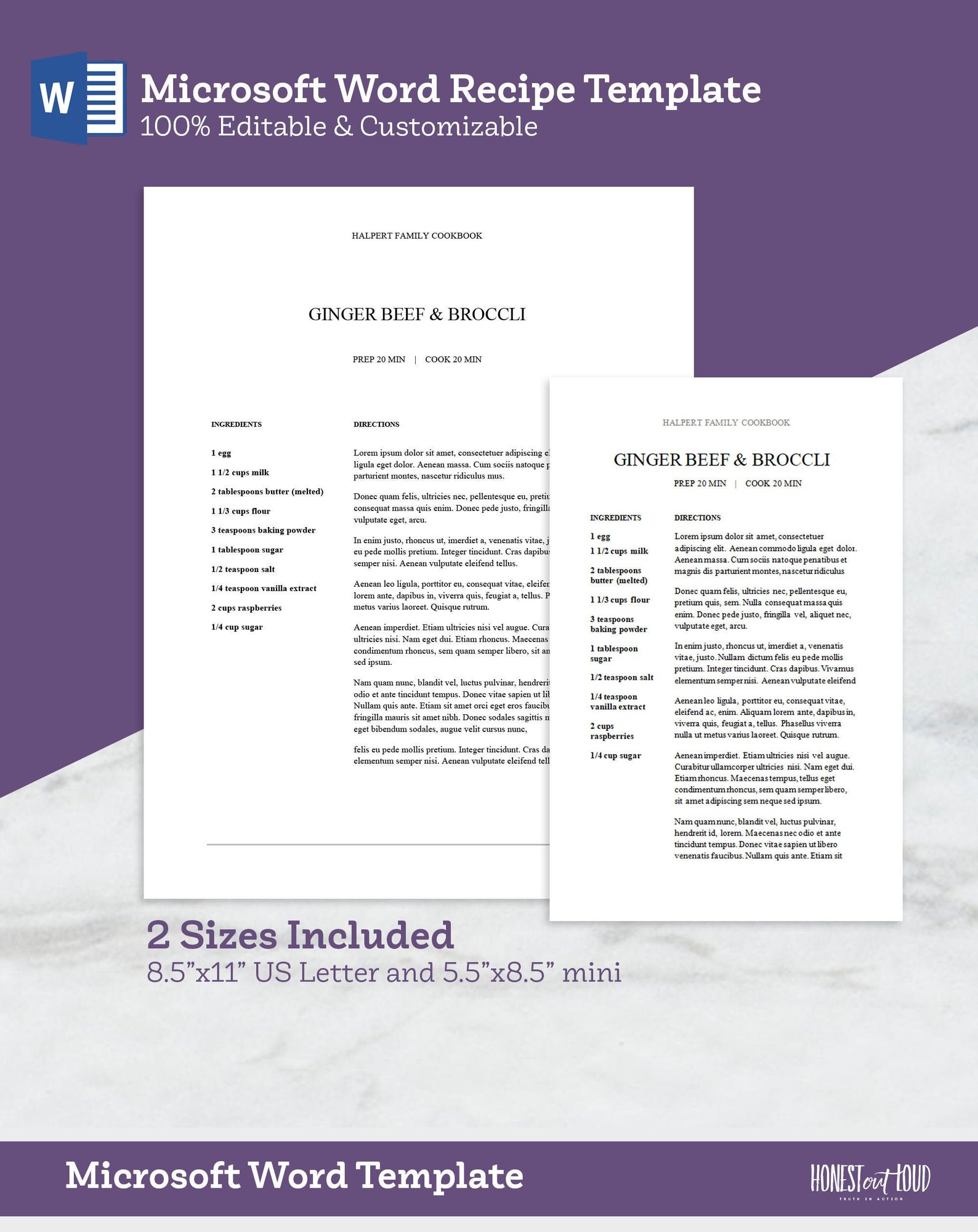 Microsoft Word Printable Recipe Template - 8.5"x11" & 5.5"x8.5" Instant ...