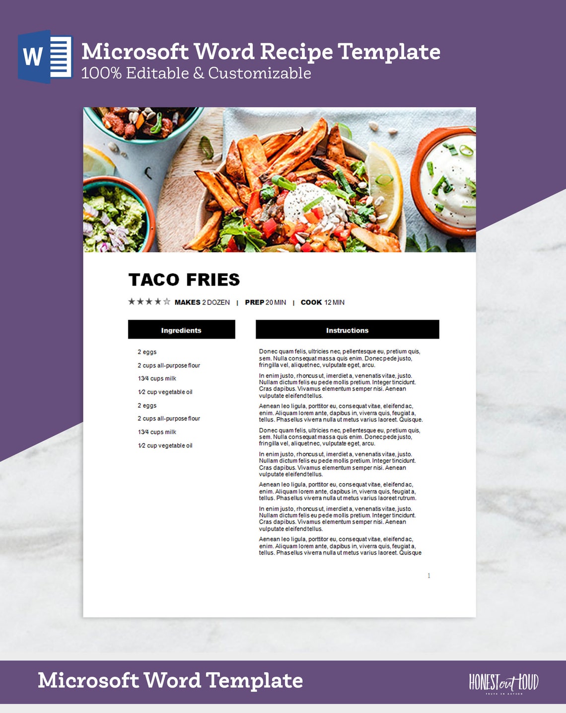 Recipe Template Printable Microsoft Word or Google Docs 8.5x11 Instant ...