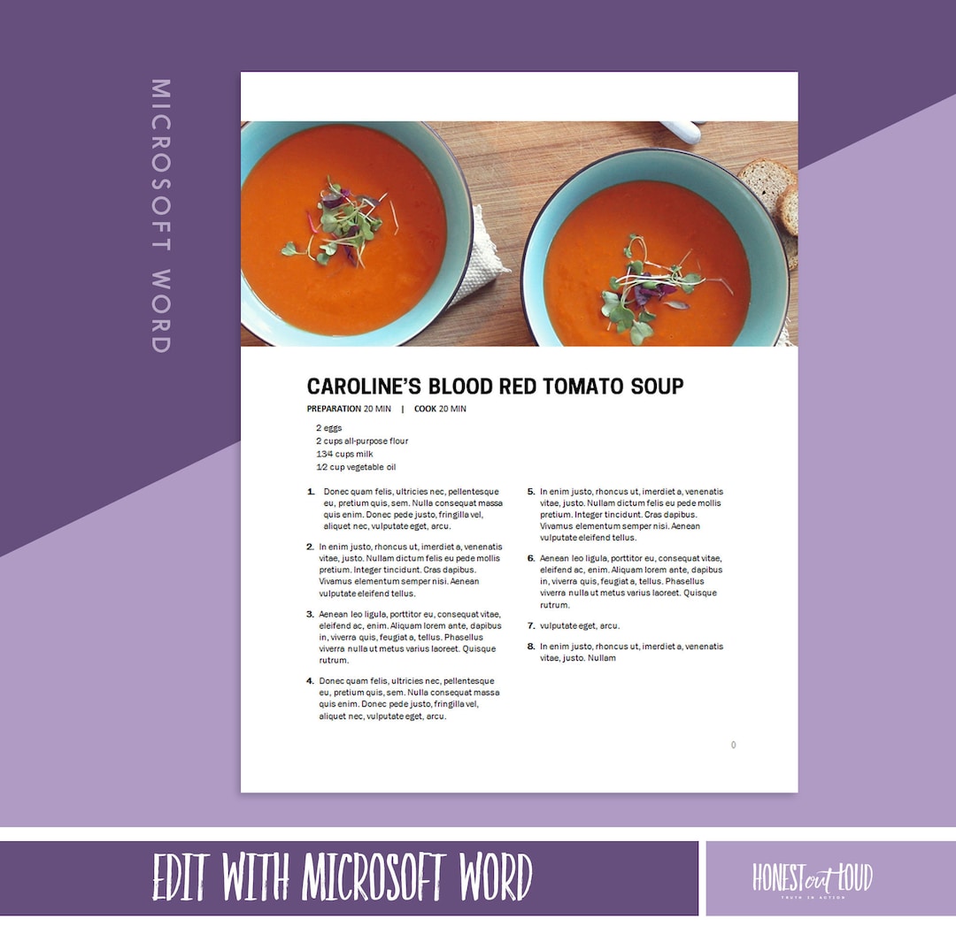 Microsoft Word Recipe Template Printable - 8.5x11 and A4 Instant ...