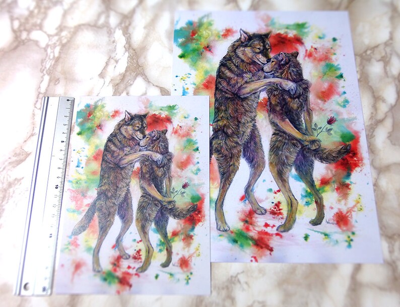A5/A4 Wolf Love Print Romance Hug Cute Animal Werewolf Art | Etsy