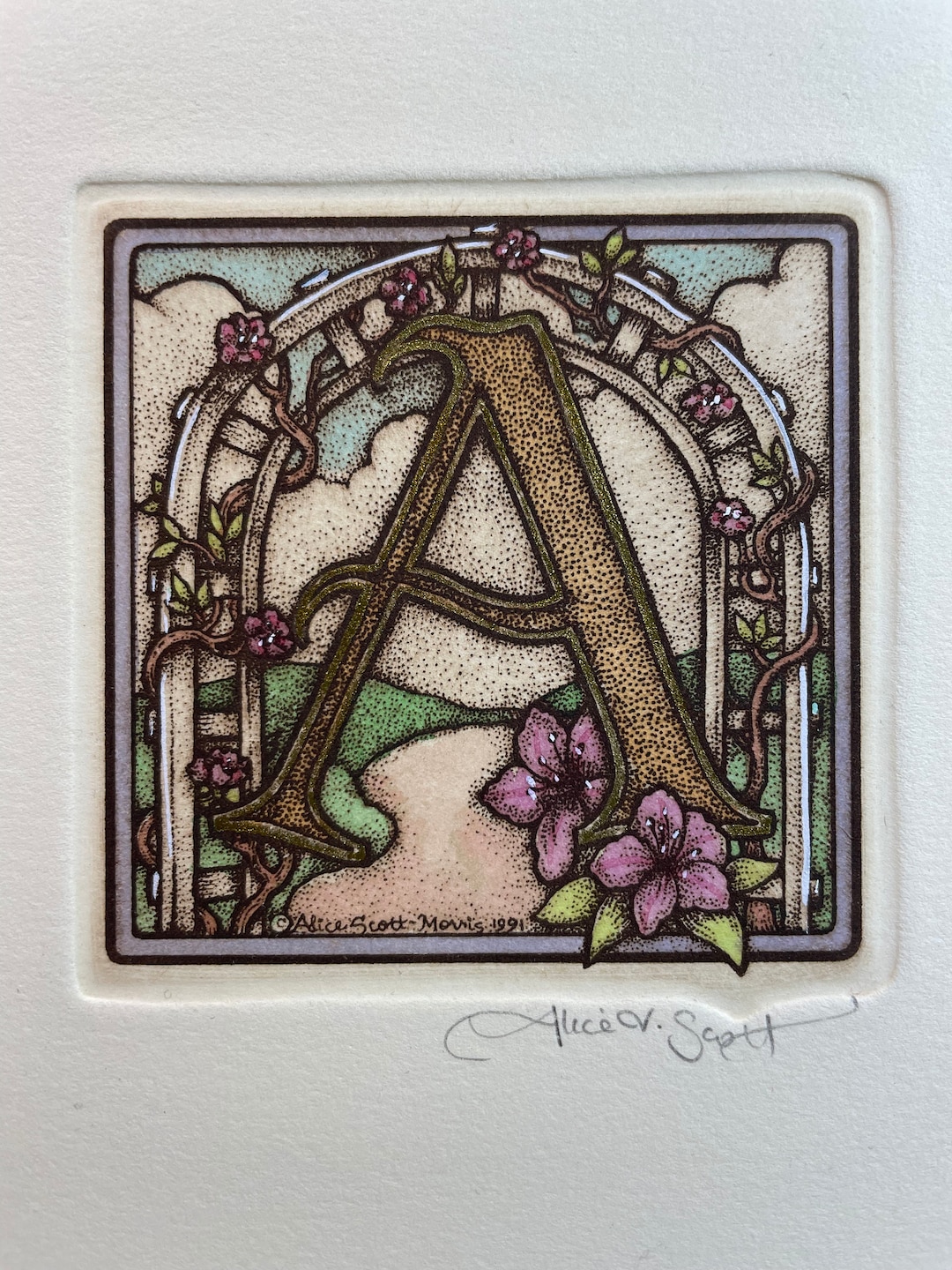 Etching Letter A 3x3 Alice's Alphabet Personalized Hand Colored ...