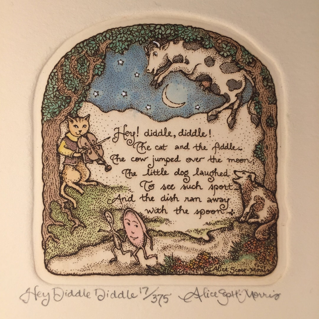 Hey Diddle Diddle Print, Nursery Art, Alice Scott-morris, Hand Colored ...