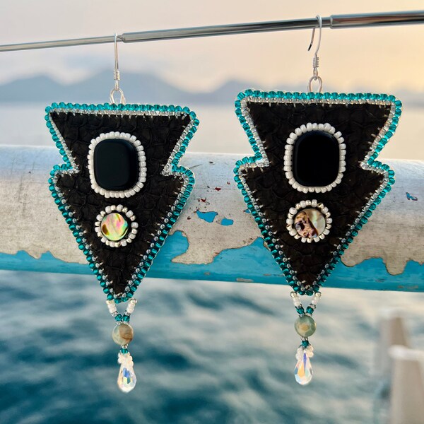 Large Green Fish Skin Earrings With Genuine Howlite Stone Centers and ...