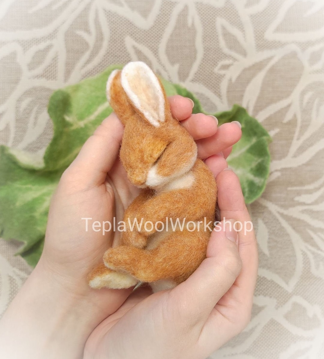 Felted Sleeping Bunny With Cabbage Leaf, Needle Felted Rabbit, Wool ...