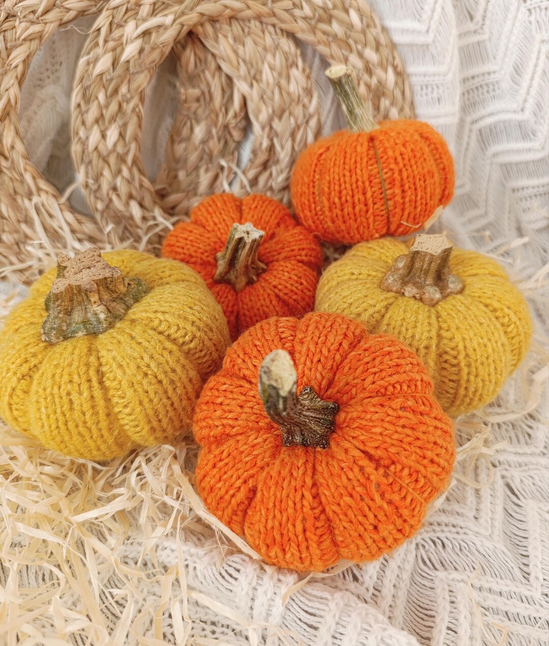 Knitted Pumpkins With Natural Pumpkin Stem, Autumn Home Accent: Set of ...