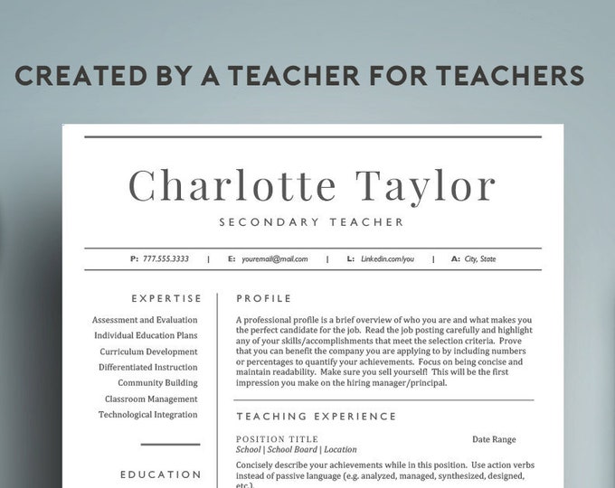 2 Page Teacher Resume Template for Word includes Cover Letter Educator ...
