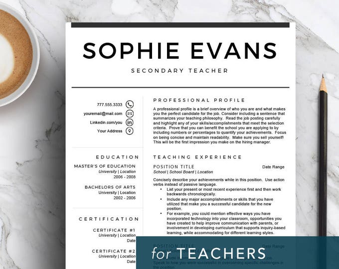 Teacher Resume Template for Word & Pages (1, 2 and 3 Page CV Template ...