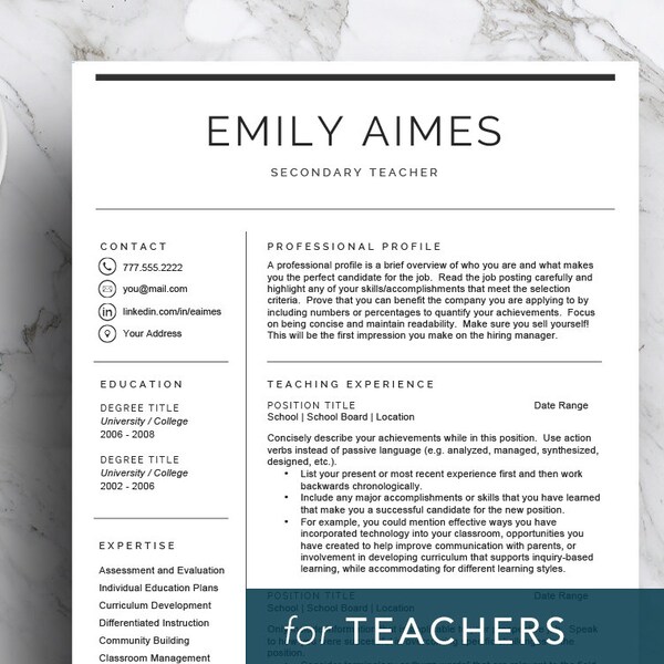 Teacher Resume Template CV Template MS Word Professional Resume Design ...