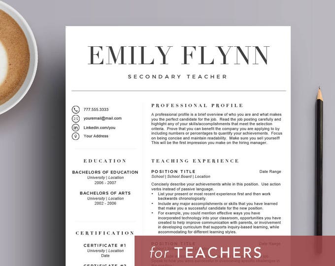 Teacher Resume Template for Word & Pages (1, 2 and 3 Page CV Template ...