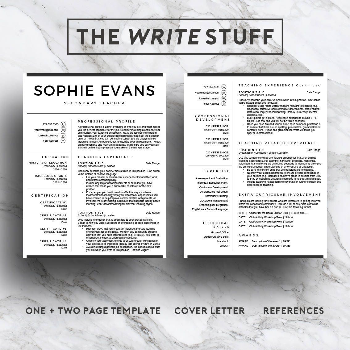 Teacher Resume Template for Word Professional Resume Design With Cover ...