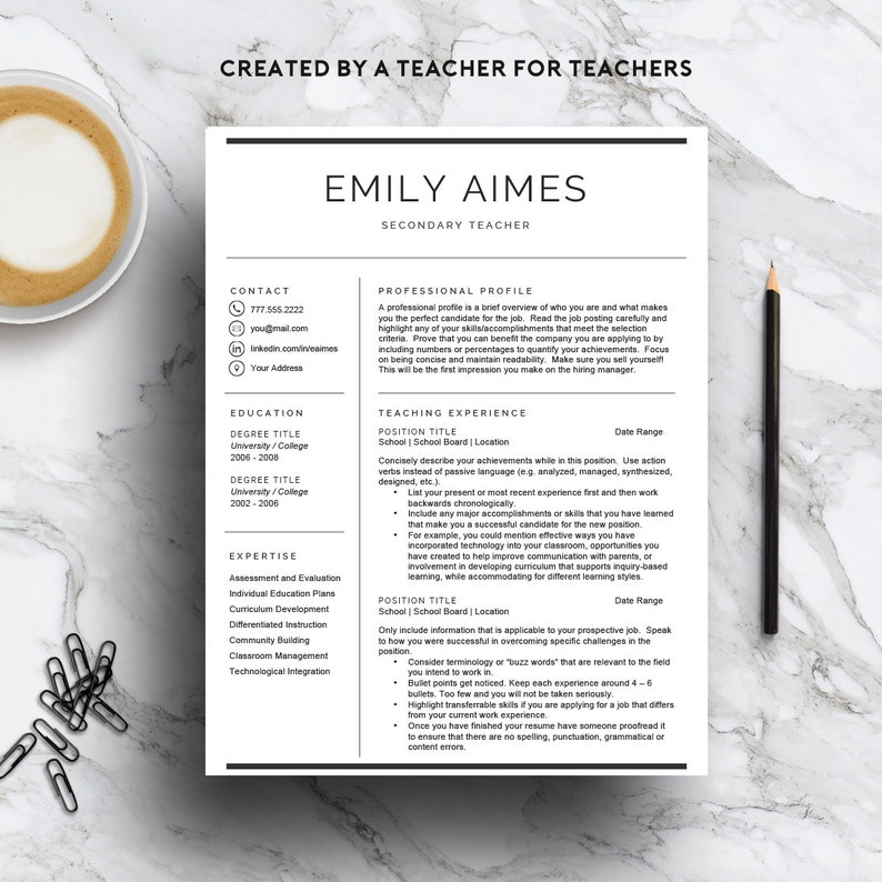 Teacher Resume Template for Word & Pages (1, 2 and 3 Page Resume ...