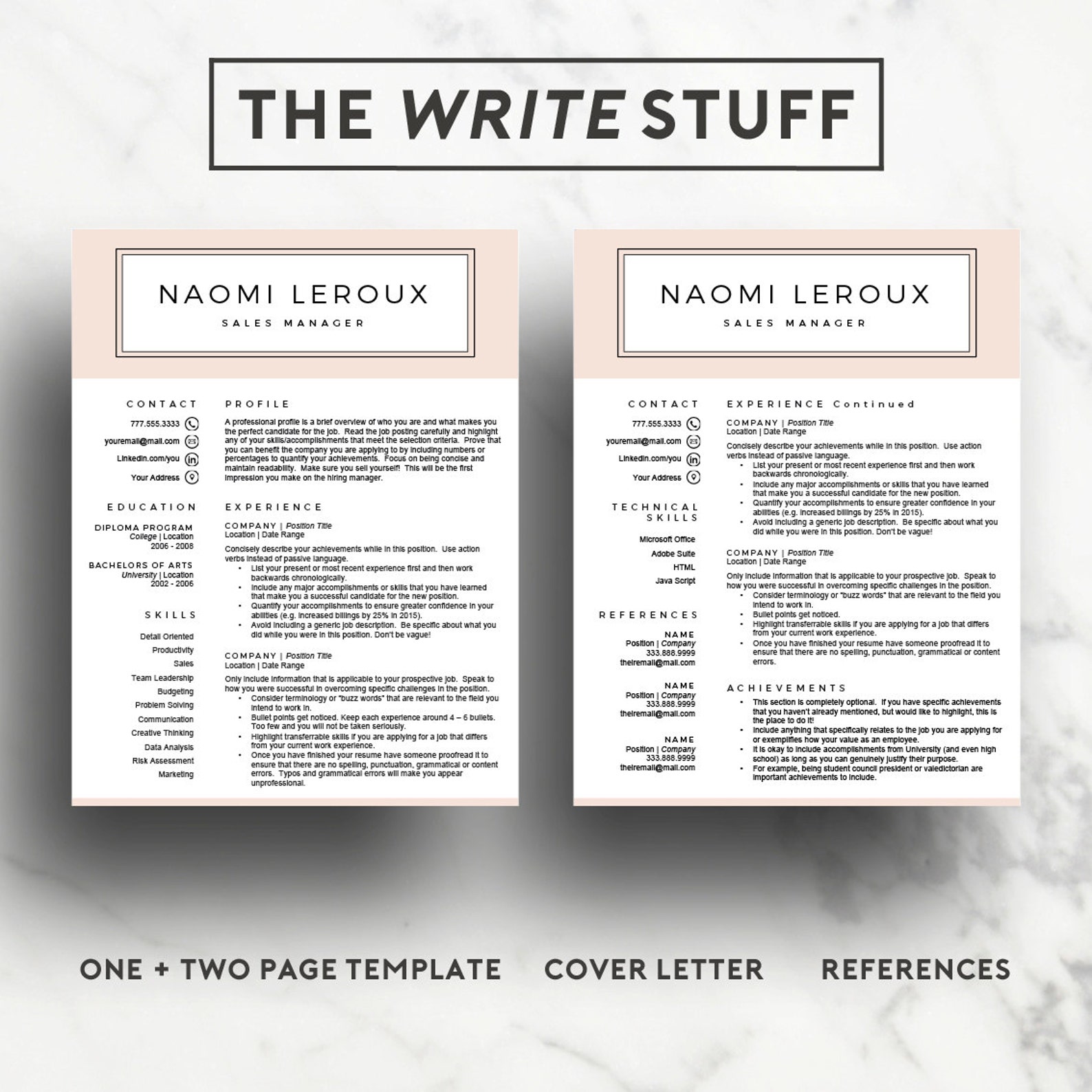 Creative Resume Template for Word & Pages | Blush CV Template ( 1 and 2 ...
