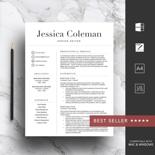 One Page Resume Template Word CV Template Cover Letter - Etsy