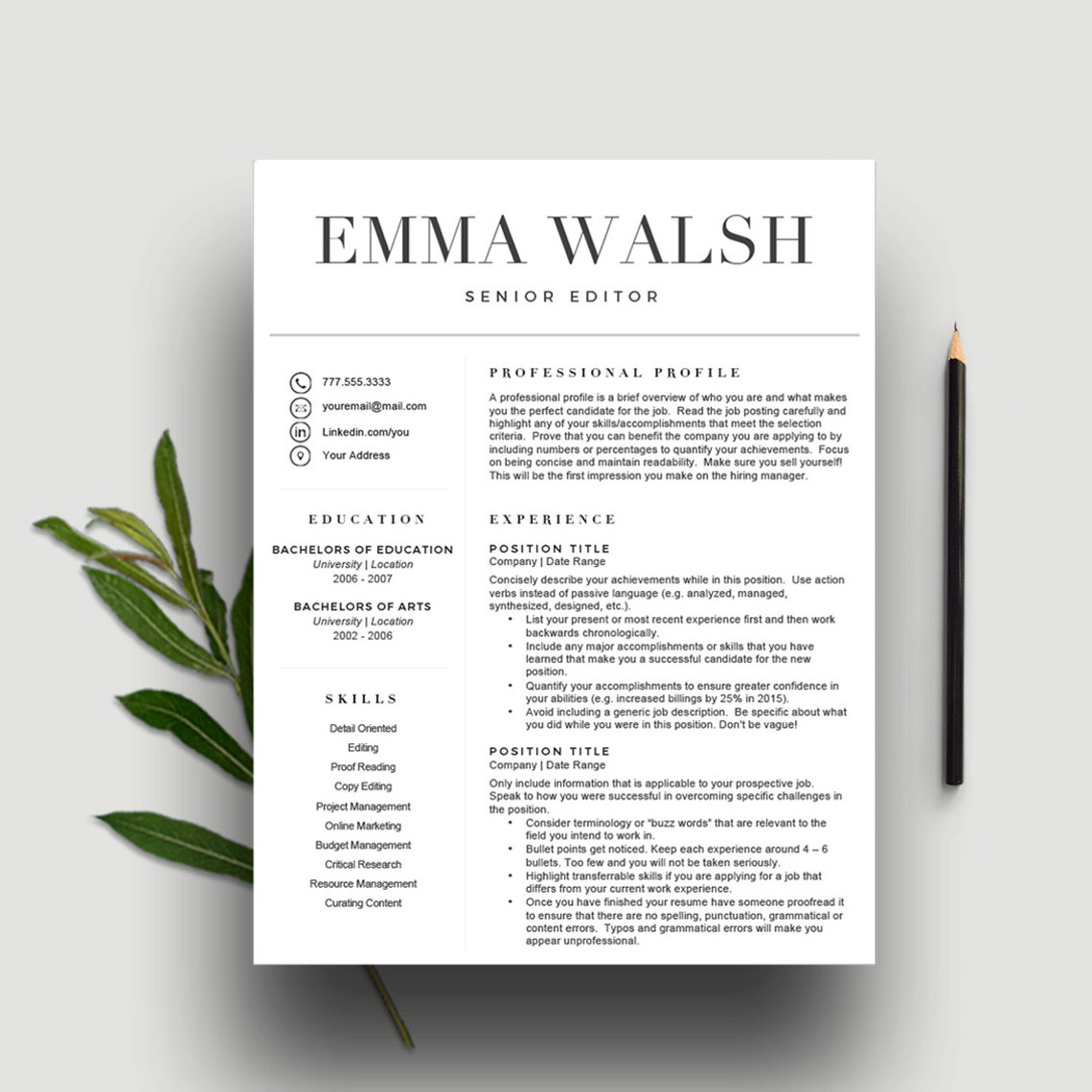 Classic Resume Template for Word | CV Template (1 & 2 Page Resume ...